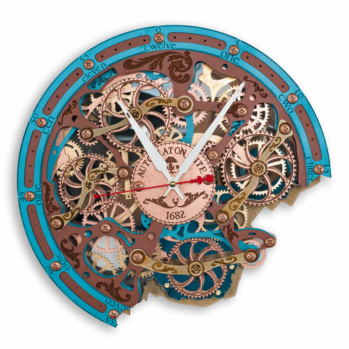 Часы Настенные Автоматон Bite 1682 Коричневые с Бирюзой с вращающимися шестеренками