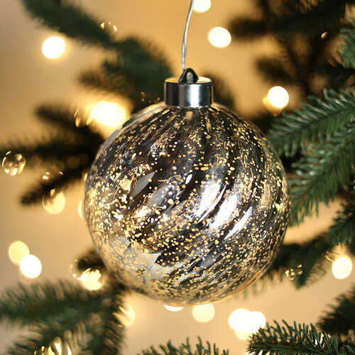 Kaemingk Светящийся елочный шар Эвелин 12 см серебряный, 5 теплых белых LED ламп, на батарейках 482789
