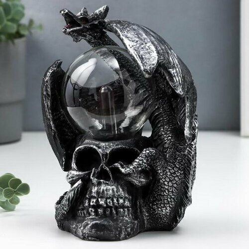 Плазменный шар "Дракон и череп" черный с серебряной патиной 15х15х17.5 см