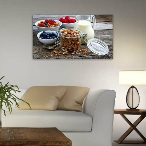 Картина на холсте 60x110 LinxOne "Малина молоко голубика" интерьерная для дома / на стену / на кухню / с подрамником