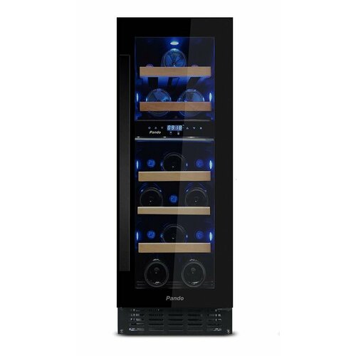 Встраиваемый винный шкаф Pando PVZB 30-16 CRL, черное стекло, ширина 30 см, левый дверной упор, голубое LED-освещение, вместимость 16 бутылок