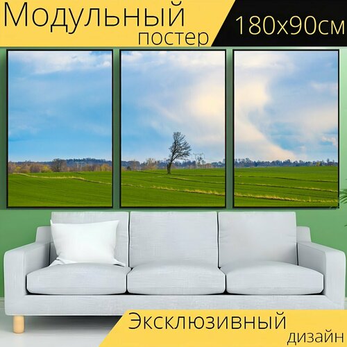 Модульный постер "Облака, пейзаж, весна" 180 x 90 см. для интерьера