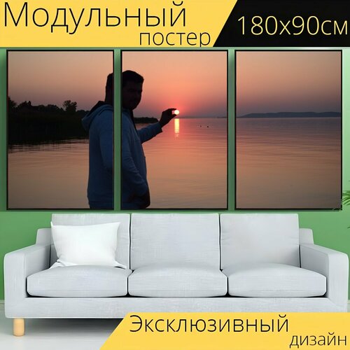 Модульный постер "Закат, озеро балатон, свет" 180 x 90 см. для интерьера