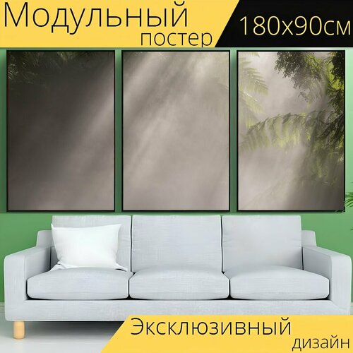 Модульный постер "Лес, туман, дерево" 180 x 90 см. для интерьера