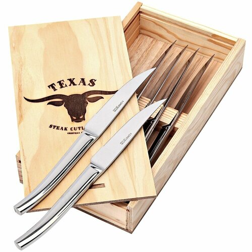 Набор из 6-х ножей для стейка из нержавеющей стали в деревянной коробке, 23.1 см, серебристый, стальная рукоять, зеркальная полировка, серия Texas, Cristema, PCP-1115-06M