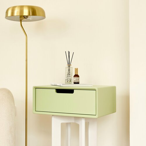 Тумба прикроватная подвесная с выдвижным ящиком из дерева (как IKEA), тумбочка полка консоль деревянная навесная офисная светло-зеленого цвета, эмаль