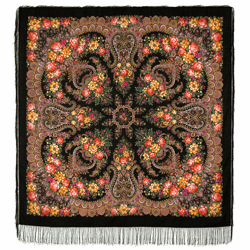 Платок Павловопосадская платочная мануфактура,146х146 см, оранжевый, черный