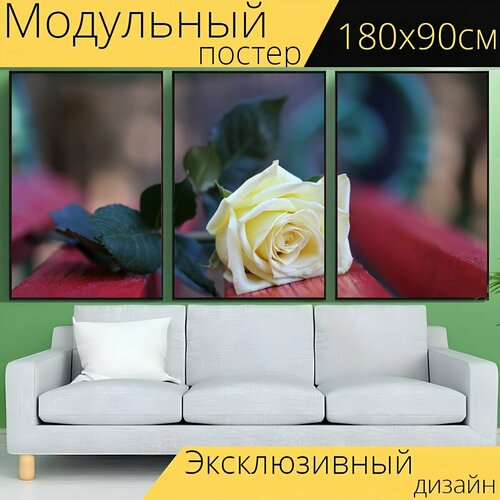 Модульный постер "Желтые розы на красном стенде, роза один, цветок" 180 x 90 см. для интерьера