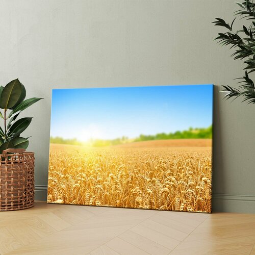 Картина на холсте (Пшеничное поле на фоне сияющего солнца) 60x80 см. Интерьерная, на стену.