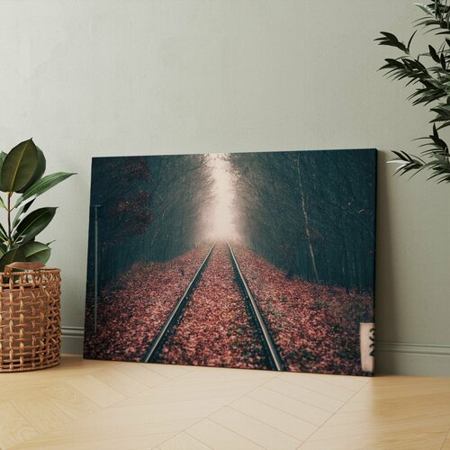 Картина на холсте "Железная дорога посреди леса" 40x60 см. Интерьерная, на стену.