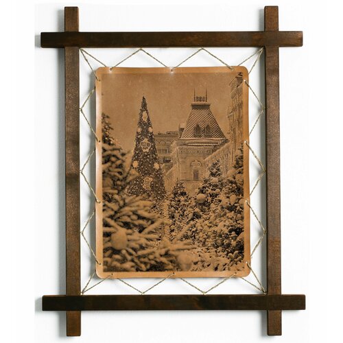 Картина Снежные елочки, гравировка на натуральной коже, интерьерная для украшения и декора на стену в деревянной раме, подарок, BoomGift
