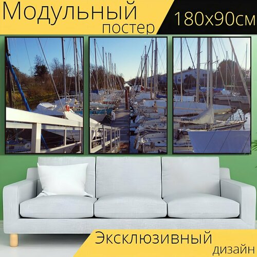 Модульный постер "Порт, лодка, море" 180 x 90 см. для интерьера