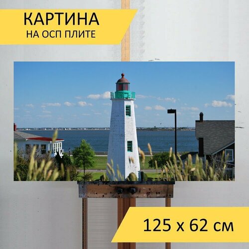 Картина на ОСП 125х62 см. "Маяк, башня, залив" горизонтальная, для интерьера, с креплениями