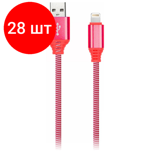 Комплект 28 шт, Кабель Smartbuy iK-512NS, USB(AM) - Lightning(M), для Apple, в оплетке, 2A output, 1м, красный