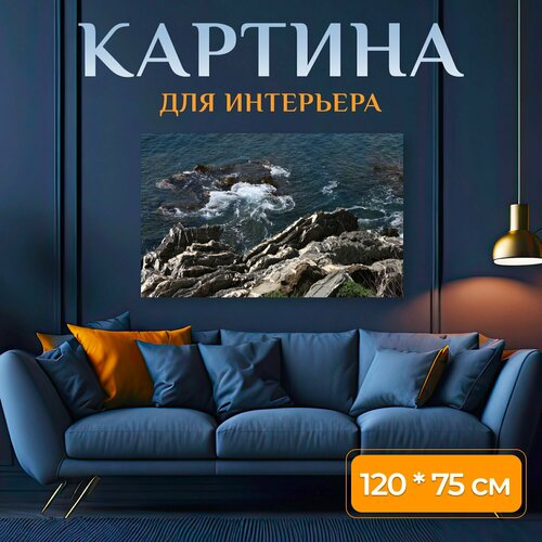Картина на холсте "Море, горные породы, волны" на подрамнике 120х75 см. для интерьера