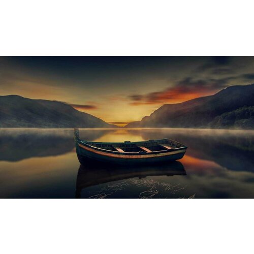 Картина на холсте 60x110 LinxOne "Озеро лодка горы закат природа" интерьерная для дома / на стену / на кухню / с подрамником
