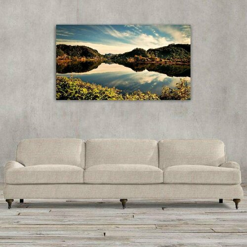 Картина на холсте 60x110 LinxOne "Небо деревья озеро облака" интерьерная для дома / на стену / на кухню / с подрамником
