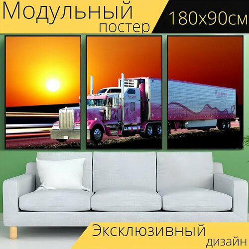 Модульный постер "Заход солнца, американский грузовик, свет" 180 x 90 см. для интерьера