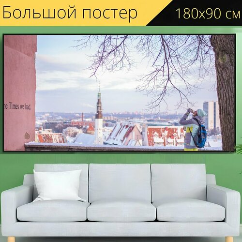 Большой постер "Городской пейзаж, турист, город" 180 x 90 см. для интерьера