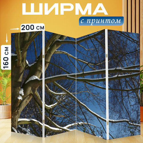 Ширма перегородка с принтом "Зима, дерево, ветви" на холсте - 200x160 см. для зонирования, раскладная