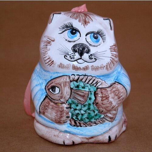 Сувенир керамический, Колокольчик "Кот с рыбой" майолика-1, ручная работа