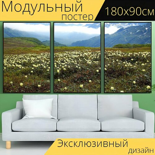 Модульный постер "Цветы, рододендроны, горы" 180 x 90 см. для интерьера