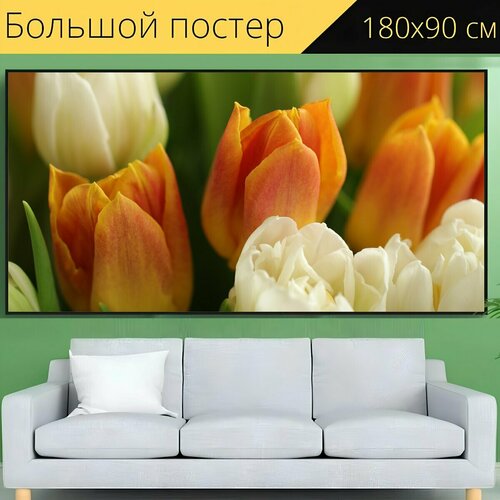 Большой постер "Тюльпаны, цветы, завод" 180 x 90 см. для интерьера