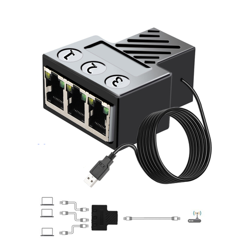 Разветвитель-сплиттер витой пары RJ45, Cat 5/6/7, адаптер с 1 на 3 с питанием от USB, LAN, Ethernet