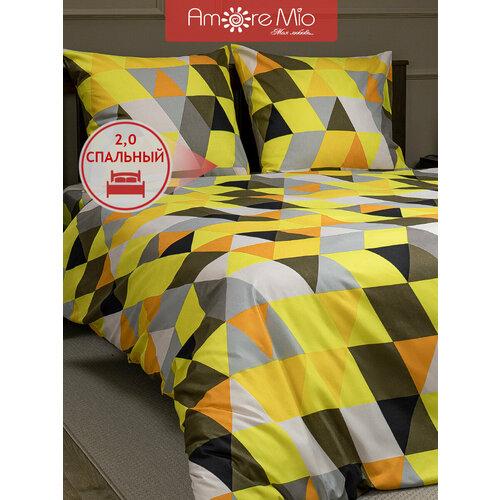 Постельное белье Amore Mio серии Макосатин 2 спальное, микрофибра, комплект желтый с рисунком геометрия