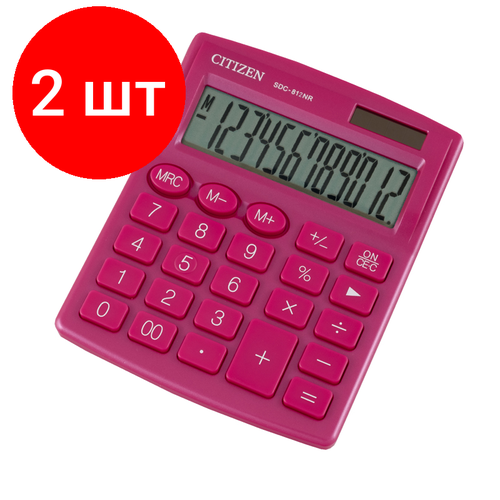 Комплект 2 шт, Калькулятор настольный Citizen SDC-812NR-PK, 12 разрядов, двойное питание, 102*124*25мм, розовый