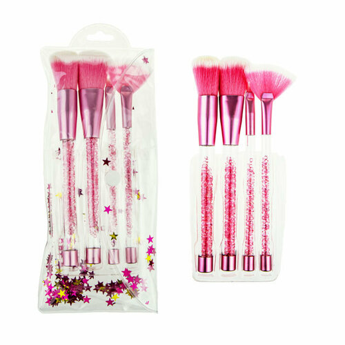 Кисточки для нанесения макияжа Lukky набор из 4 штук, розовые, с подвижными кристаллами, нейлон