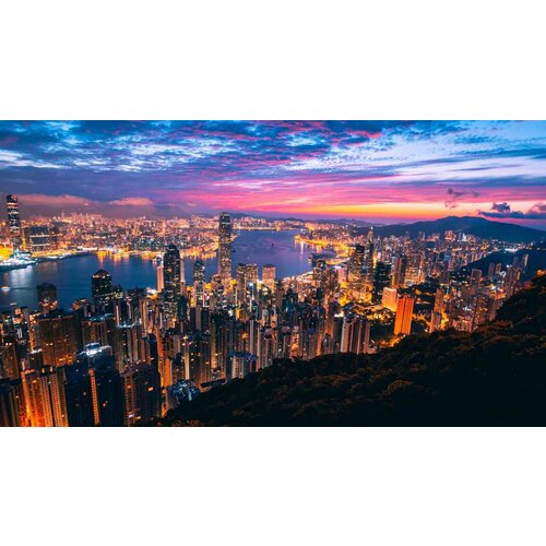 Картина на холсте 60x110 LinxOne "Гонконг городской пейзаж" интерьерная для дома / на стену / на кухню / с подрамником