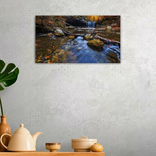 Картина на холсте 60x110 LinxOne "Листья осень водопад поток лес" интерьерная для дома / на стену / на кухню / с подрамником