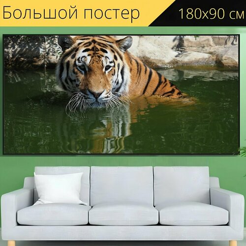 Большой постер "Тигр, животное, дикий" 180 x 90 см. для интерьера