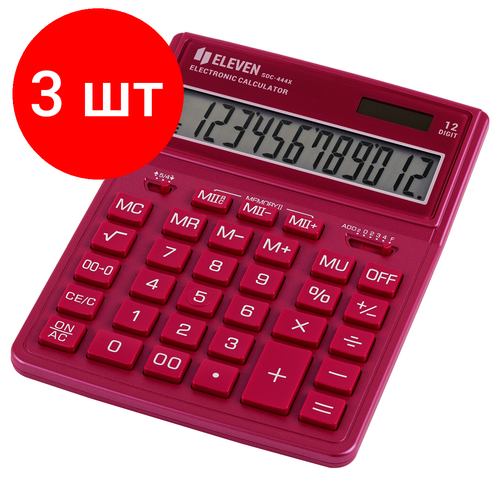 Комплект 3 шт, Калькулятор настольный Eleven SDC-444X-PK, 12 разрядов, двойное питание, 155*204*33мм, розовый