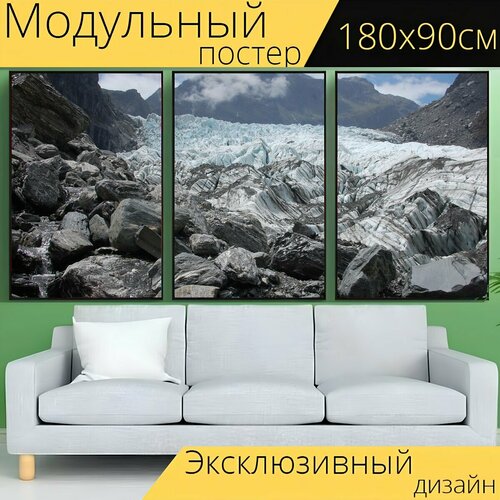 Модульный постер "Ледник, камень, лед" 180 x 90 см. для интерьера