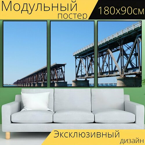 Модульный постер "Железнодорожный мост, старый, сломанный" 180 x 90 см. для интерьера