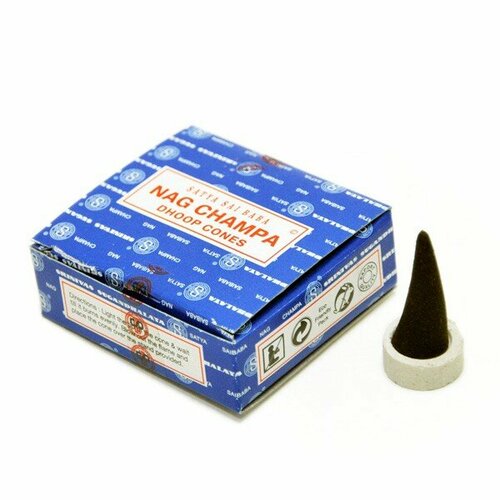 Благовония Наг Чампа, 1 уп - 12 конусов и подставка / Satya Nag Champa - безосновные натуральные, 100 Индия