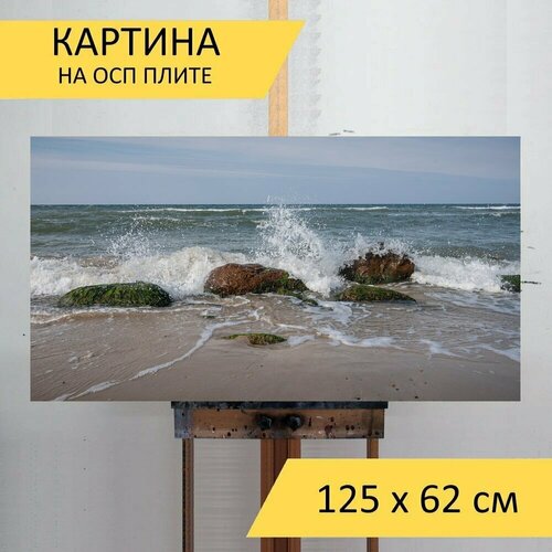 Картина на ОСП 125х62 см. "Море, пляж, горные породы" горизонтальная, для интерьера, с креплениями