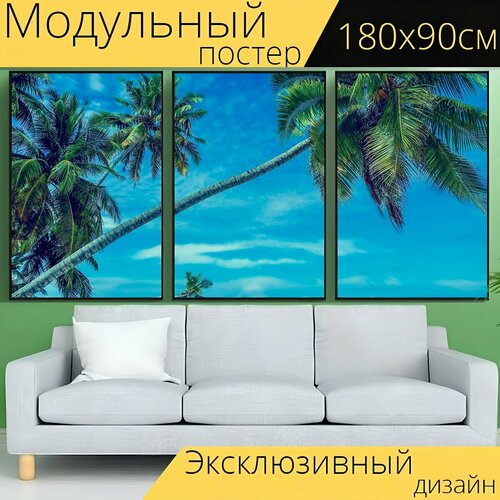 Модульный постер "Пальмы, пляж, песок" 180 x 90 см. для интерьера