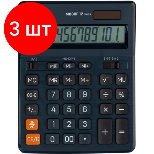 Комплект 3 штук, Калькулятор настольный полноразм. Deli EM888F, 12-р, дв. пит,202x159мм, т-син