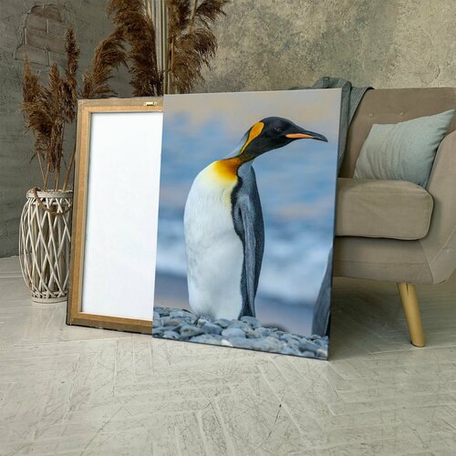 Картина на холсте (Пингвин стоит на каменистом пляже рядом с океаном) 40x60 см. Интерьерная, на стену.