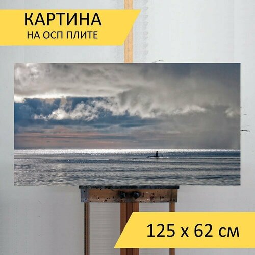 Картина на ОСП 125х62 см. "Море, лодка, предчувствие бури" горизонтальная, для интерьера, с креплениями