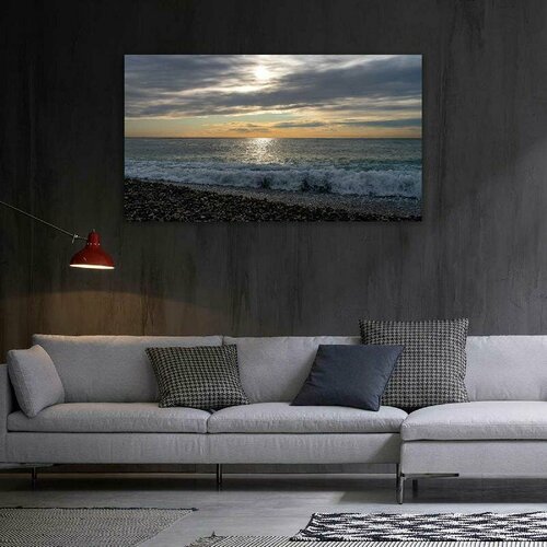 Картина на холсте 60x110 LinxOne "Море пена прилив галька небо" интерьерная для дома / на стену / на кухню / с подрамником