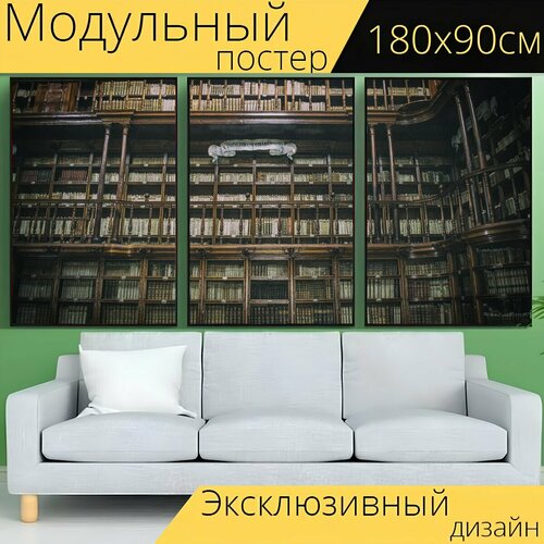 Модульный постер "Библиотека, книги, архитектуры" 180 x 90 см. для интерьера