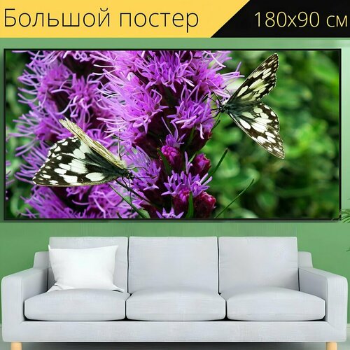 Большой постер "Бабочки, насекомые, цветы" 180 x 90 см. для интерьера
