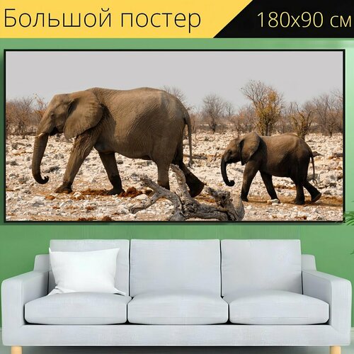 Большой постер "Слон, африке, намибия" 180 x 90 см. для интерьера