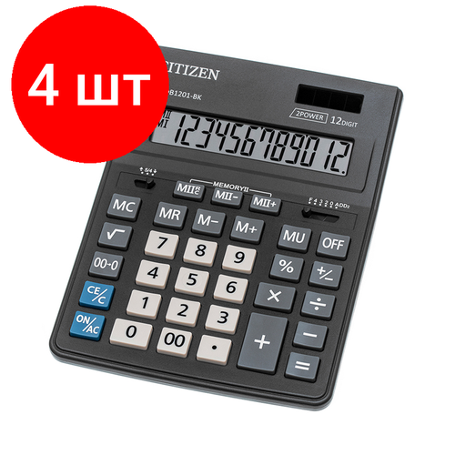 Комплект 4 шт, Калькулятор настольный Citizen Business Line CDB1201-BK, 12 разрядов, двойное питание, 155*205*35мм, черный