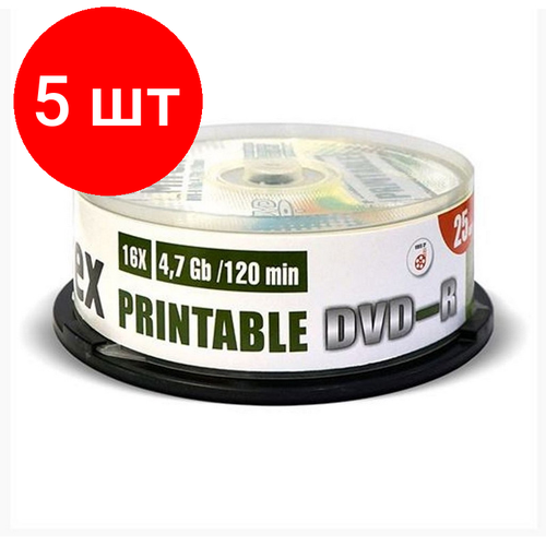 Комплект 5 упаковок, Носители информации DVD-R Printable, 16x, Mirex, Cake/25, UL130028A1M