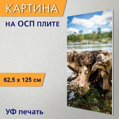 Вертикальная картина на ОСП "Река, древесина, коряги" 62x125 см. для интерьериа